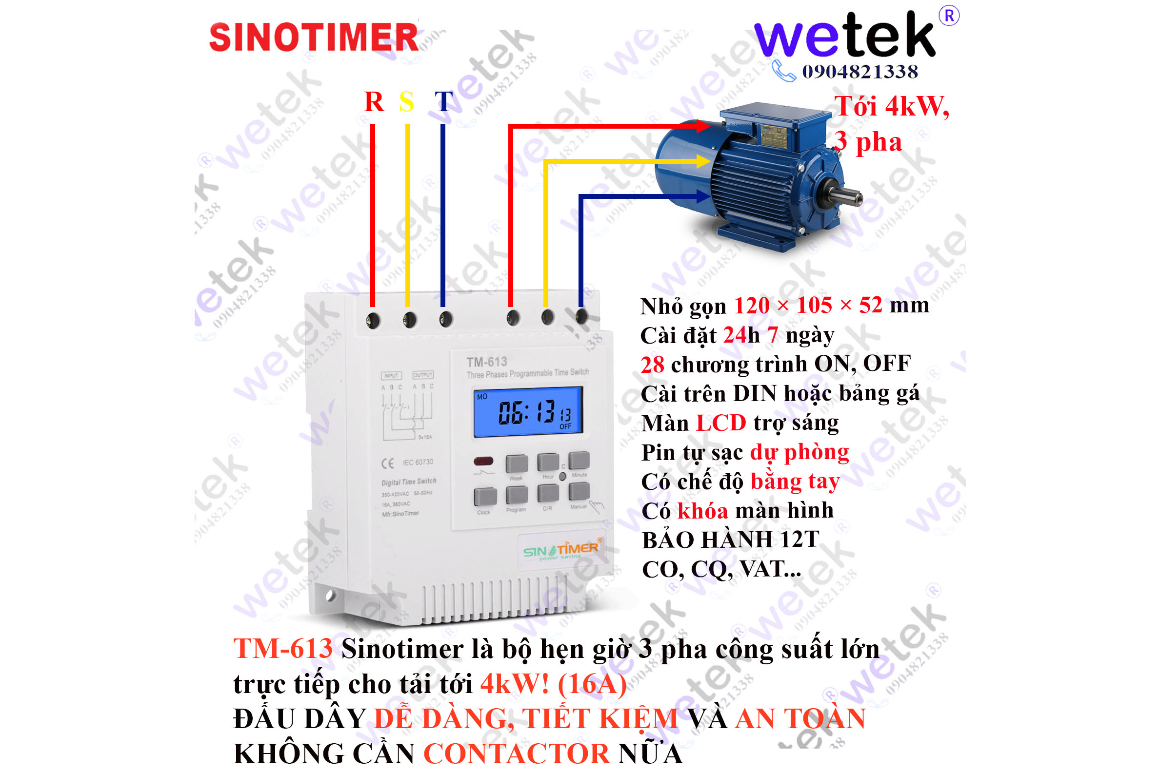 [Timer mã 24] Công tắc timer 24h Sinotimer TM613 3 pha Nguồn:380V Tải ...